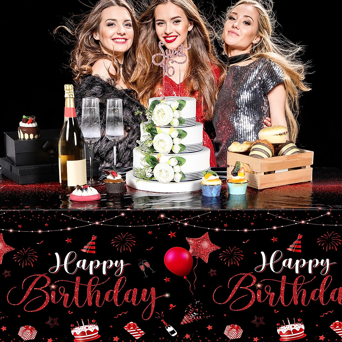 Tudomro 3 Pcs Happy Birthday Tablecloths Happy Birthday Party Decorations Plastic Table Cover Rectangular Cloths for Women Men Baby Shower Party Supplies, 108 x 54 Inch (Black Red)
