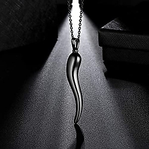 Hipunk Italian Horn Necklace Women Men - Lucky Cornicello Talisman Pendant 316L Stainless Steel Black Gun Plated Protection Amulet Chili Pepper Jewelry SP0064B