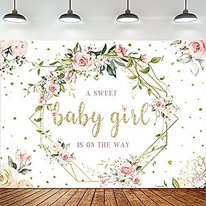 Omifly Baby Girl Backdrop for Baby Shower Floral Sweet 7x5ft Photography Wall Pink Rose Flower Green Eucalyptus Leaves Gold Dot Background Newborn Pregnancy Party Decorations Photo Booth Studio Props