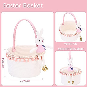 Sea Team Small Cotton Rope Storage Basket, Easter Bunny Tote Bag for Eggs, Portable Basket, Candy Bag, Caddy for Kids, Easter Days, Holidays, Pink Lace