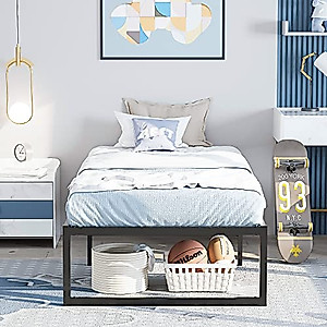 Elephance Twin Bed Frame with Storage Space 16 Inch Black Kids Student Bedframe No Box Spring Needed Metal Platform with Heavy Duty Steel Slat Support, Easy Assembly