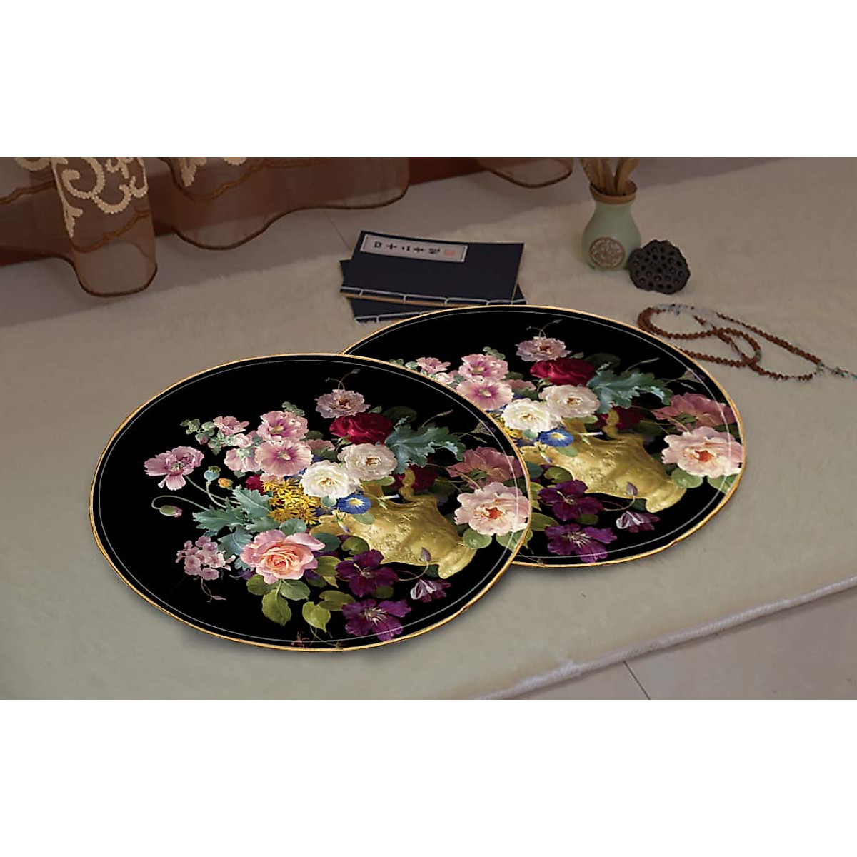 whooplaArt Plush Velvet Round Seat Cushion Black Floral Round Chair Cushion Varisized Chinese Style (PT-786, Dia 40cm/16)