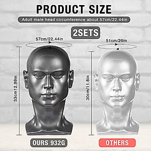 Geetery 2 Pcs Large Male Mannequin Head PVC Manikin Professional Man Head Model Silver Grey Display Stand for Display Wigs, Mask, Headset, Headphone, Hats, Jewelry, Hair, Glasses