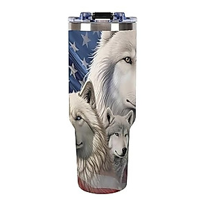 Patriotic Wolves 40 Oz Stainless Steel Cup Travel Tumbler with Handle and Straw Lightweight Coffee Mug for Home Office