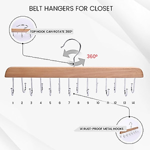 JOHOUSE Belt Hanger for Closet, Belt Rack Belt Organizer 14 Hooks Belt Holder for Storage Max 42 Belts 360°Rotating for Bra Tie Tank Top