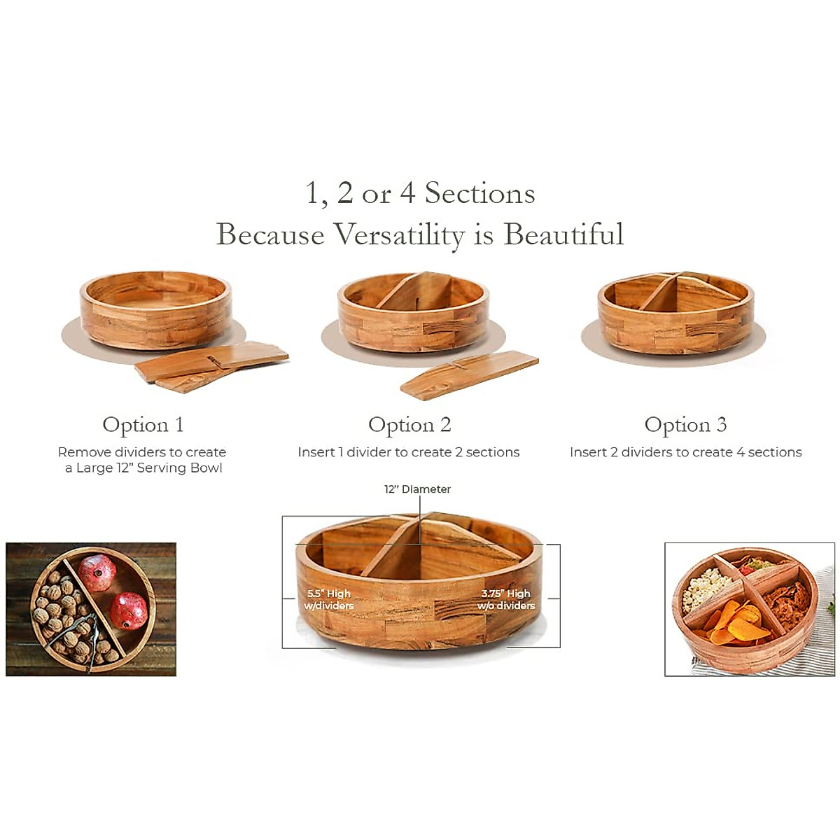 BlackRidge Home 12 inch Acacia Wood Large Lazy Susan Organizer with Removable Dividers, 1, 2 or 4 Sections, Wooden Lazy Susan for Table, Wood Lazy Susan Turntable, Kitchen, Cabinet, Counter or Pantry