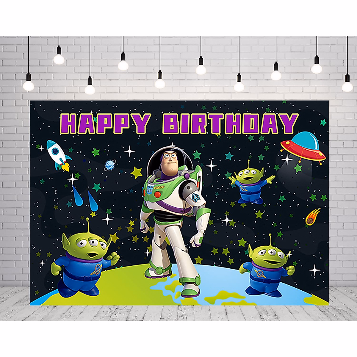 Cartoon Buzz Lightyear Backdrop for Party Supplies 5x3ft Outspace Photo Backgrounds Buzz Lightyear Theme Baby Shower Banner for Cake Table Decoration Green