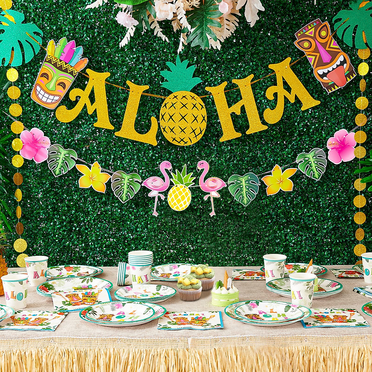 WERNNSAI Hawaiian Aloha Party Banner Decorations - Flamingo Pineapple Tiki Tropical Luau Party Supplies Favors Large Gold Glittery Aloha Sign Flag for Birthday Wedding Summer Beach Pool