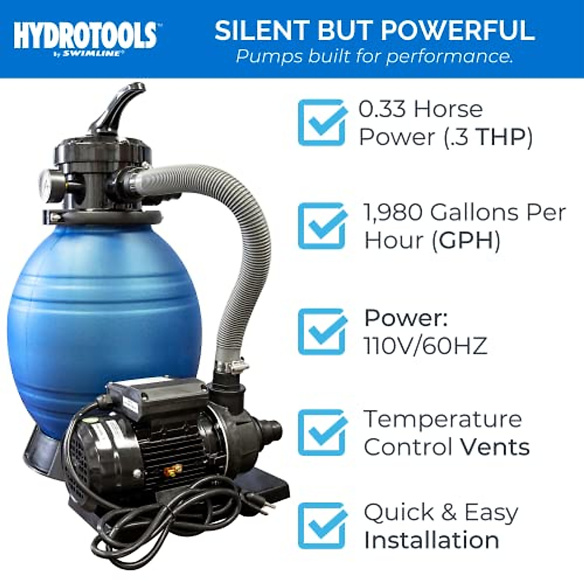 Swimline HYDROTOOLS 71225HCK 12 Inch Sand Filter Combo with Connection Kit for Soft Sided Pools | Compatible with Intex Bestway Polygroup | 0.33 HP (0.3 THP) Pump 1980 GPH | 42 Pound Sand Capacity