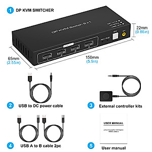 KVM Switch DisplayPort 2 Port 4K 60Hz USB2.0 DP 1.2 for DP KVM Switches 2 PC 1 Monitor Switch Support Wire-Desktop Controller Including 2 USB2.0 Cable