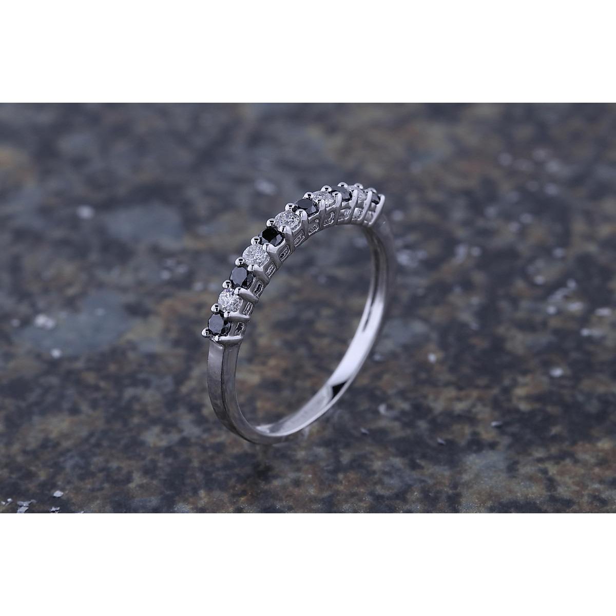 Dazzlingrock Collection Alternate Round Black Diamond & White Diamond Stackable Wedding Band for Women in 10K White Gold Size 7