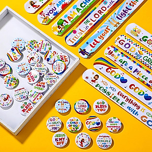 Frienda 60 Pieces Religious Slap Bracelets with Button Pins Jesus Love You Wristbands Jesus Snap Bracelets Christian Badges for Sunday School Supplies Kids Gifts Birthday Party Favors(Religious)