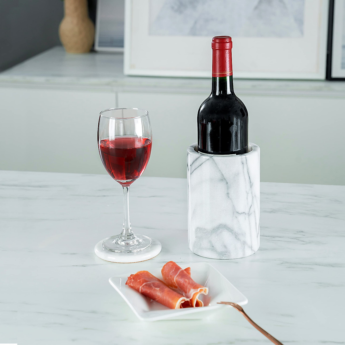 Creative Home Natural Marble Wine Cooler Champagne Chiller Bucket Tool Crock Utensil Holder Kitchen Countertop Organizer, Off-White (Patterns May Vary)