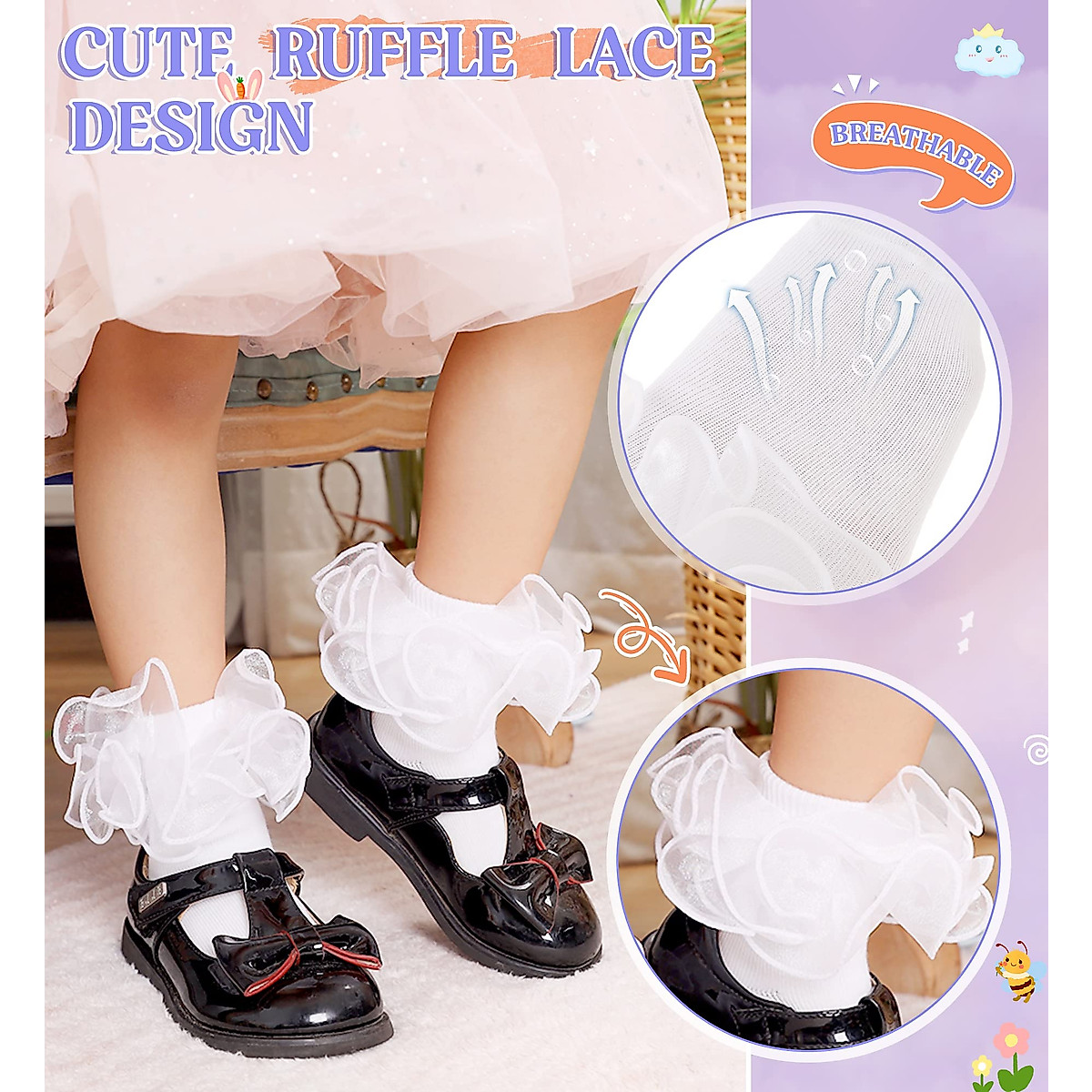 Girls Ruffle Socks Cute Double Lace Frilly Princess Dress Cotton Socks for Kids Toddler Girls 2 Pairs (4-6 Years, 2 Pairs White)