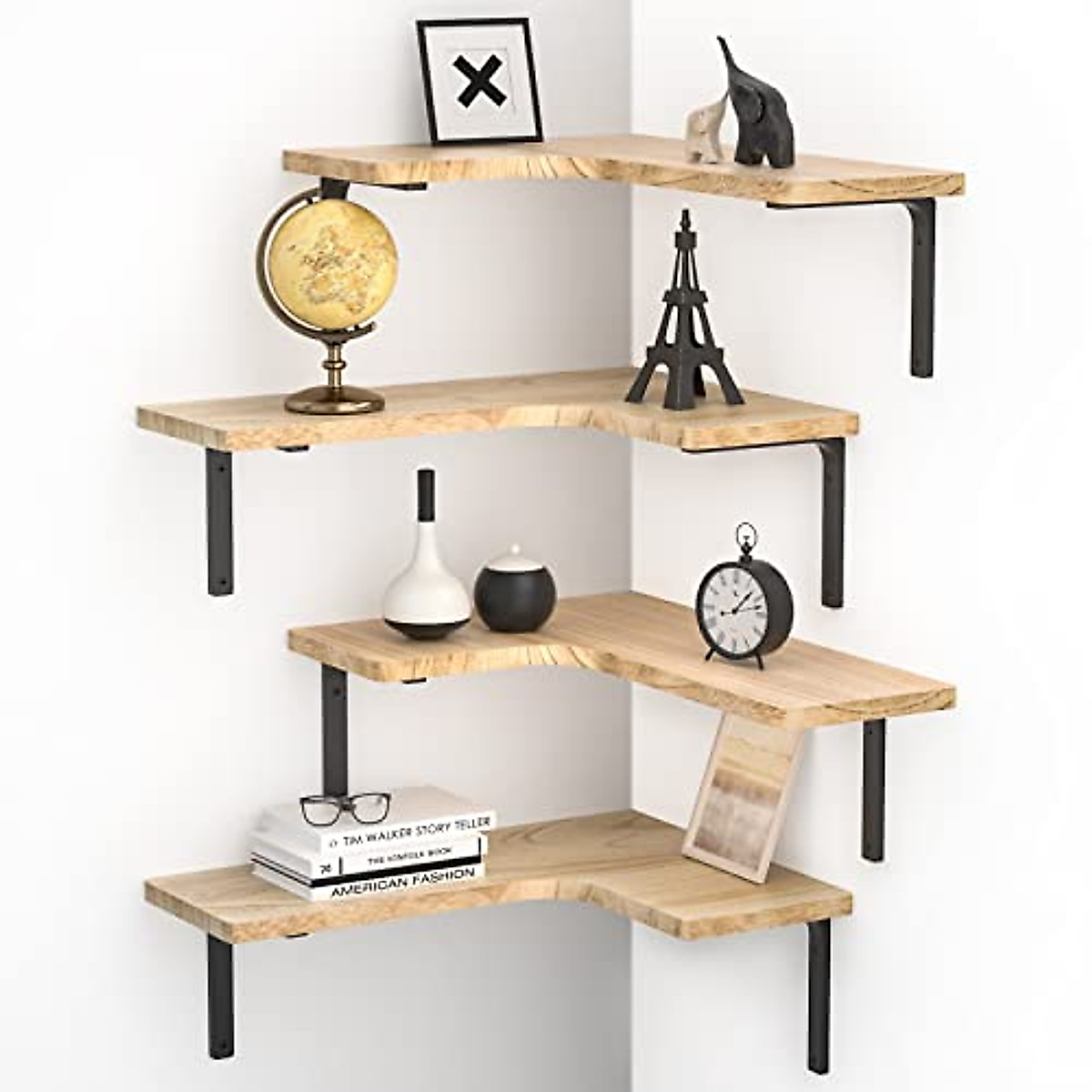 CALM COZY Corner Floating Shelves, Floating Wall Shelves Set of 4, Hanging Shelves for Living Room, Bedroom, Bathroom, Farmhouse Style Floating Corner Shelves