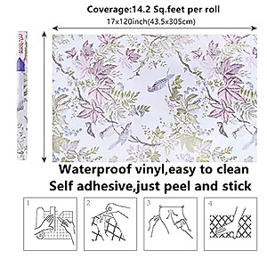 Arthome Peel and Stick Wallpaper Self Adhesive Birds Floral Contact Paper 17 inch × 10 feet Wall Paper Removable Decorative Vinyl for Room and Furniture Decoration.