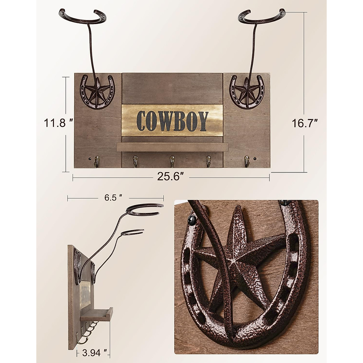 Cowboy Hat Holder for Wall with Shelf and 5 Hooks Western Cast Iron Hat Rack Rustic Wood Cowboy Hat Hanger for Entryway Closet Western Wall Decor Hat Hooks 25.6x11.8x6.5 in Men's Christmas Gift