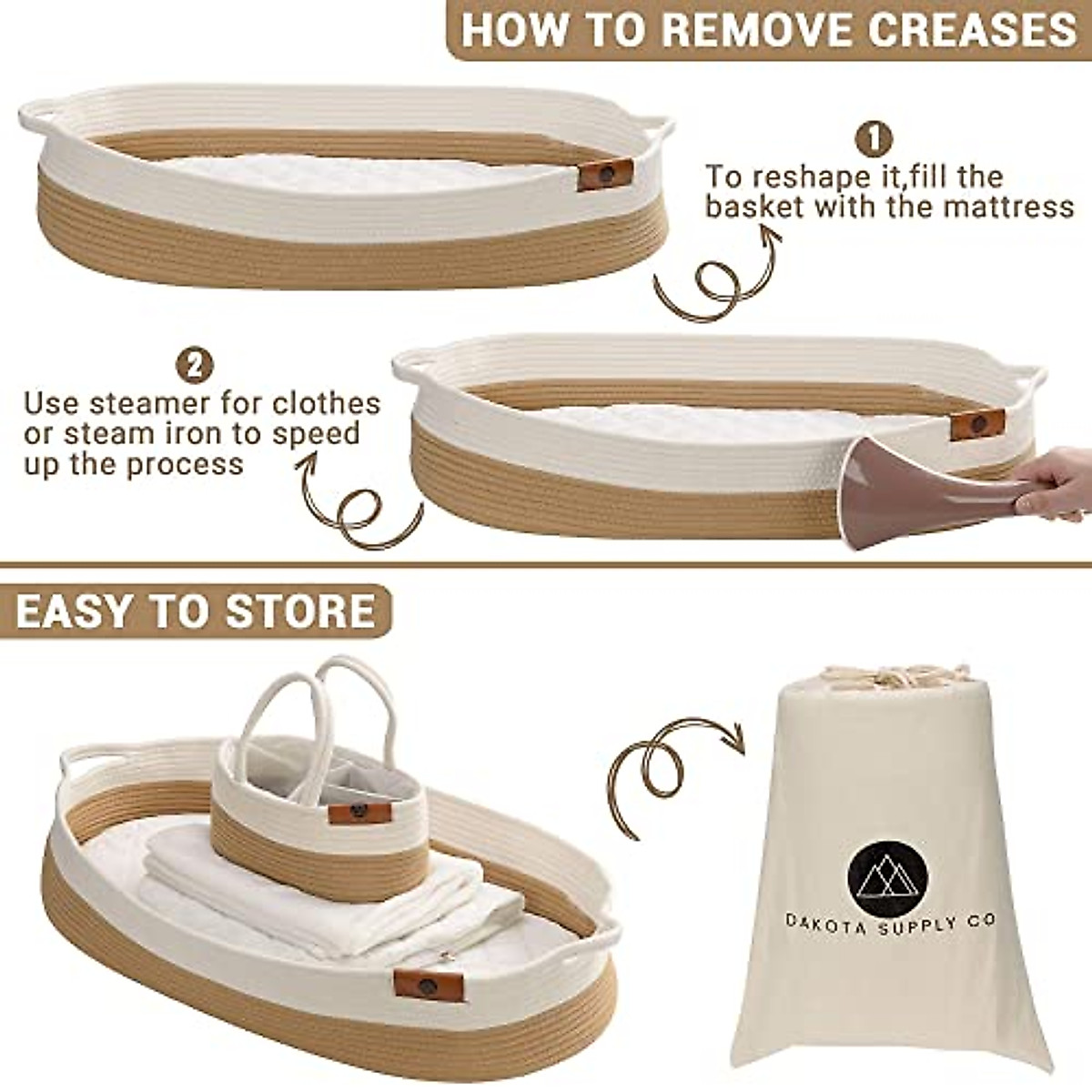 Baby Changing Basket, Moses Diaper Basket w/ foam pad, 2 waterproof covers, blanket, diaper caddy organizer, table/dresser/nursery topper, boho bassinet station woven rope tray, storage (Brown)