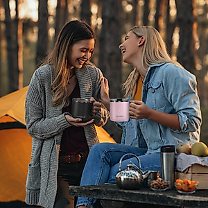 HAUSHOF 14 oz Coffee Mug, Insulated Coffee Mug with Handle, Travel Camping Cup, Portable Stainless Steel Coffee Cup, Insulated Coffee Cups with Lid, Pink