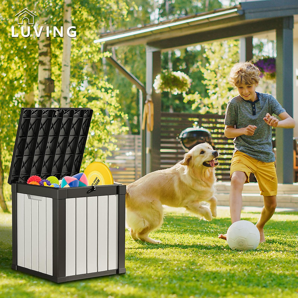 LUVING 50 Gallon Outdoor Storage Box Waterproof, Patio Storage Box with Lockable Lid, UV Resistant Outdoor Storage Bin for Indoor Patio Deck Backyard Garden Pool, White&Black