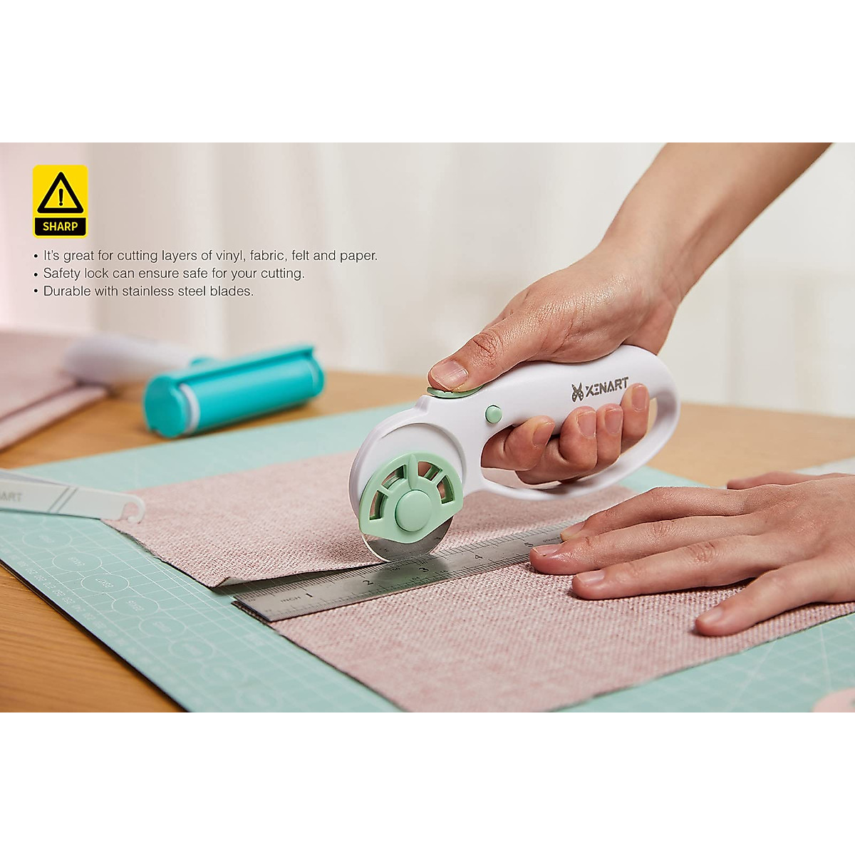 Xinart 45mm Rotary Cutter for Fabric, Brayer Rollers & Mat Remover Tools Set for Fabric Crafting, Reusable Sticky Lint Rollers Tool for Clothes/T-Shirts Heat Transfer Projects