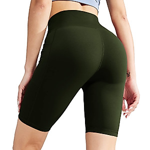 MIER Women's High Waist Yoga Compression Shorts Stretch Biker Shorts with Side Pockets, Tummy Control, 8 Inch, Army Green, L