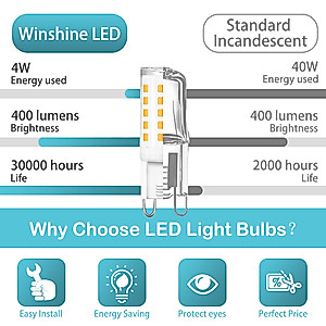 winshine 10 Pack G9 LED Bulb T4 Chandelier Light Bulbs 5000K Daylight, 4W (40W Halogen Replacement) G9 Bi Pin Ceramic Base, 120V AC 360°Beam Angle for, Barthroom Lamp, Crystal Wall Lamp Not-Dimmable