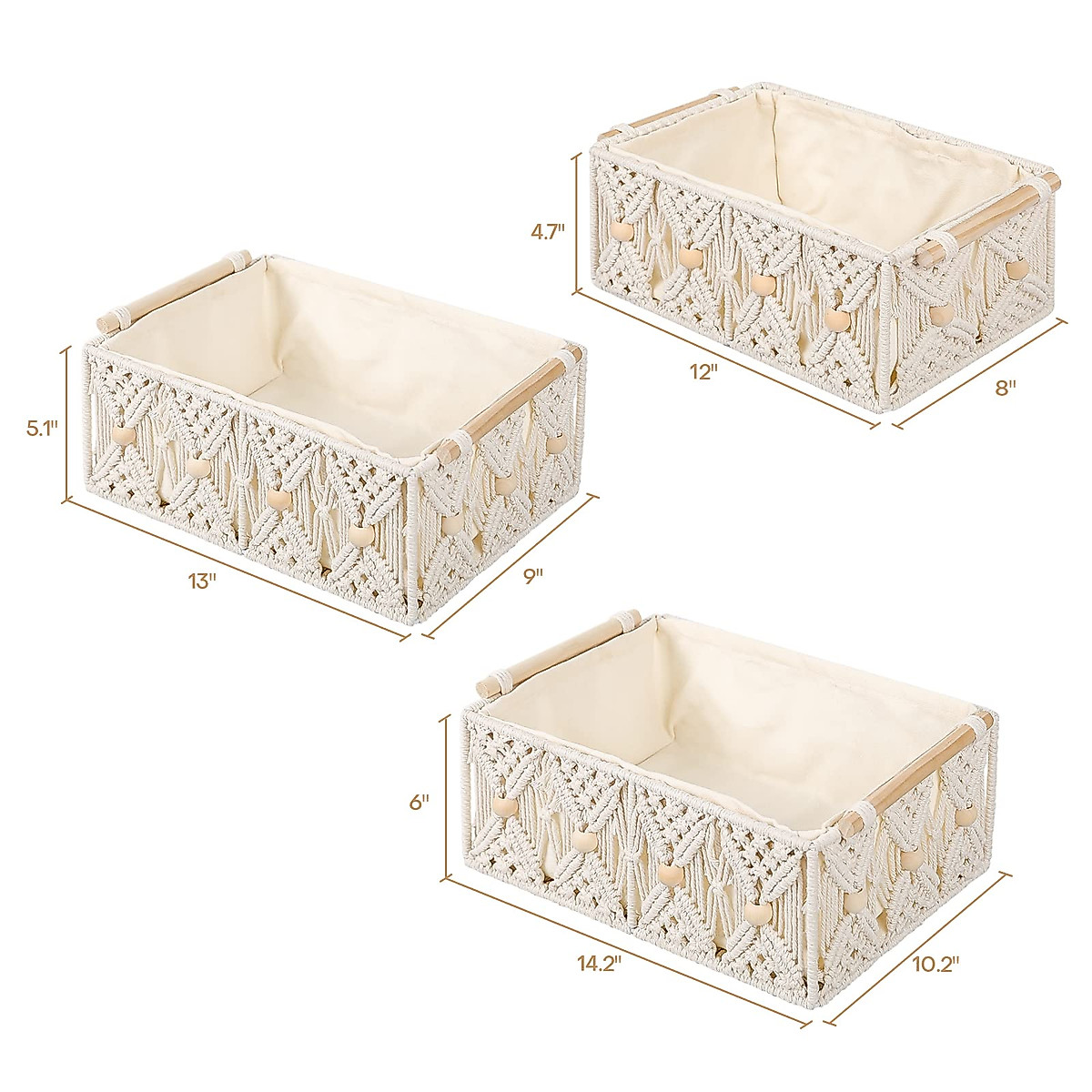 LaMorée Large Boho Macrame Storage Baskets 3 PCS Cotton Rope Hand Woven Bin Set with Natural Wooden Handles & Beads Decorative Wicker Boxes for Tabletop Book Shelf Bathroom Organizer Container