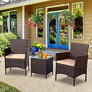 Shintenchi 3 Pieces Outdoor Patio Furniture Set Patio Porch Conversation Sets PE Rattan Wicker Chairs with Table Outdoor Garden Furniture Sets, Brown