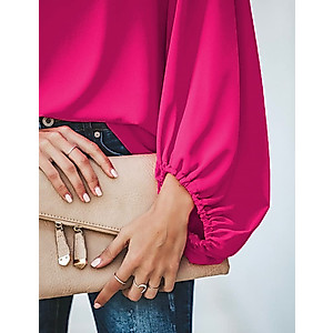 Qearal V Neck Shirts Spring Women's Chiffon Blouse Dressy Shirts Flowy Hot Pink S