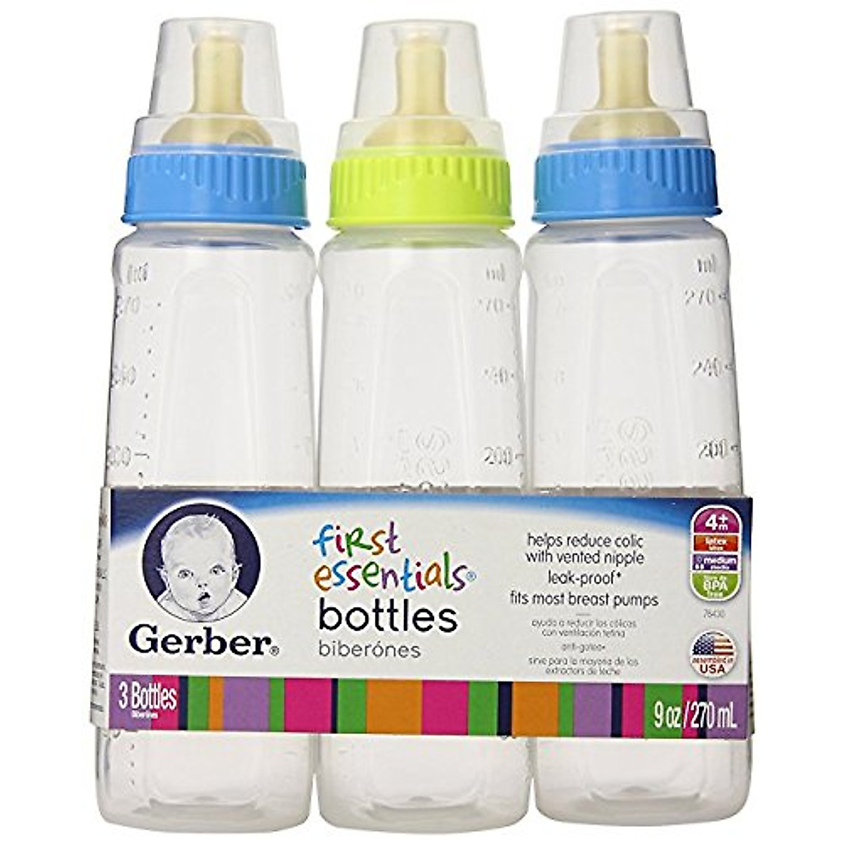 Gerber First Essential Clear View Plastic Nurser With Latex Nipple, BPA Free, Colors may vary, 3 Pack