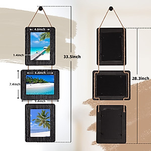 ABSWHLM 5x7 Picture Frames Rustic Wood Hanging Picture Frames 3 Opening Photo Frame Display 4"x6" Pictures with Mat or 5"x7" Without Mat, Weathered Black