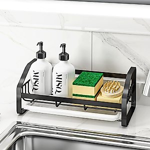BSKSSK Sink Caddy, Sponge Holder for Kitchen Sink, Kitchen Bathroom Sink Organizer, 304 Stainless Steel Kitchen Countertop Organizer Soap Tray with Removable Drain Tray Length Version - Black