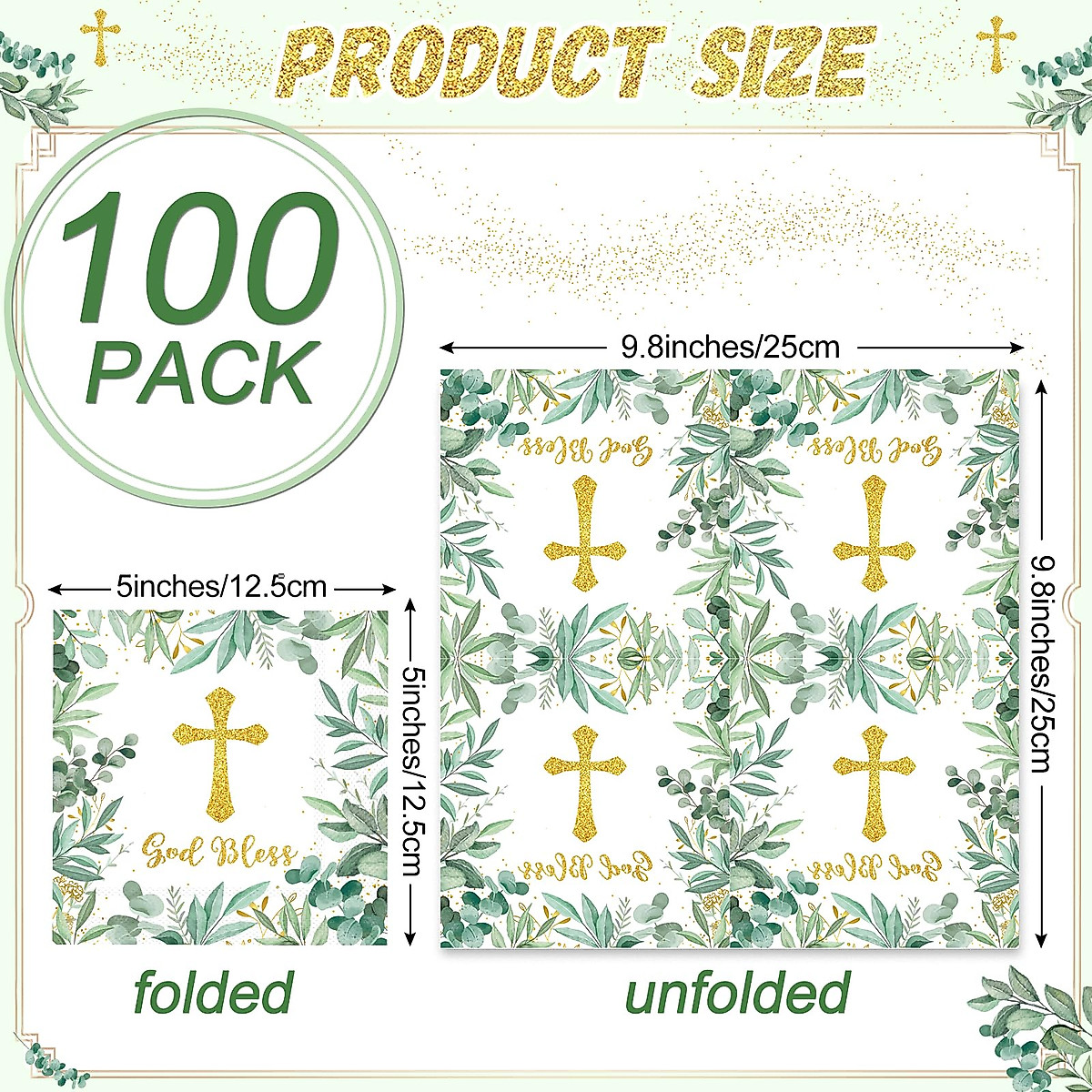 100Pcs God Bless Napkins Baptism Napkins First Holy Communion Mi Bautizo Napkins Cross Religious Paper Napkins for Newborn Baby Shower Party Christening Religious Party Decorations