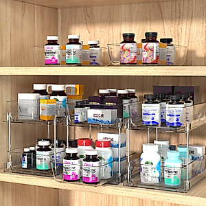 2 Tier Clear Bathroom Organizers 1Pack, Pull Out Organizers and Multi-Purpose Snack Storage, Kitchen Pantry Medicine Cabinet Slide Out Drawer Vanity Counter Organizing Tray, Under Sink Organizer