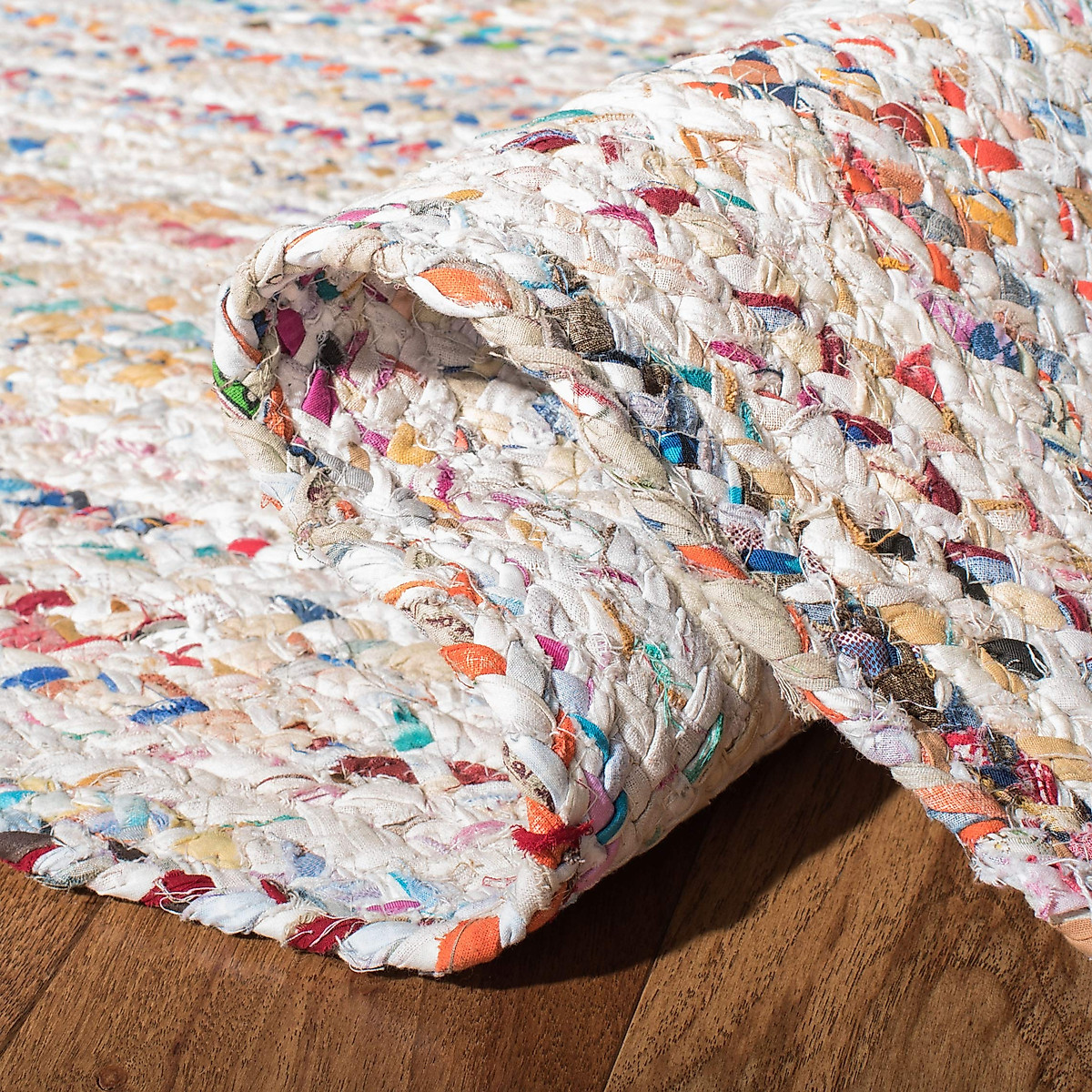 SAFAVIEH Braided Collection Area Rug - 8' x 10', Ivory & Multi, Handmade Boho Reversible Cotton, Ideal for High Traffic Areas in Living Room, Bedroom (BRD210B)