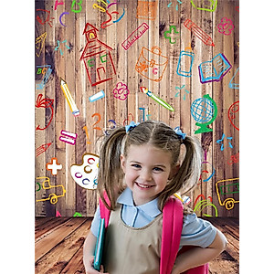 Leowefowa Back to School Backdrop 5x7ft Vinyl Photography Backdrops Hand Painted Pencils House Books on Vintage Retro Stripes Wood Floor Background Baby Kids Children Photo Studio Props