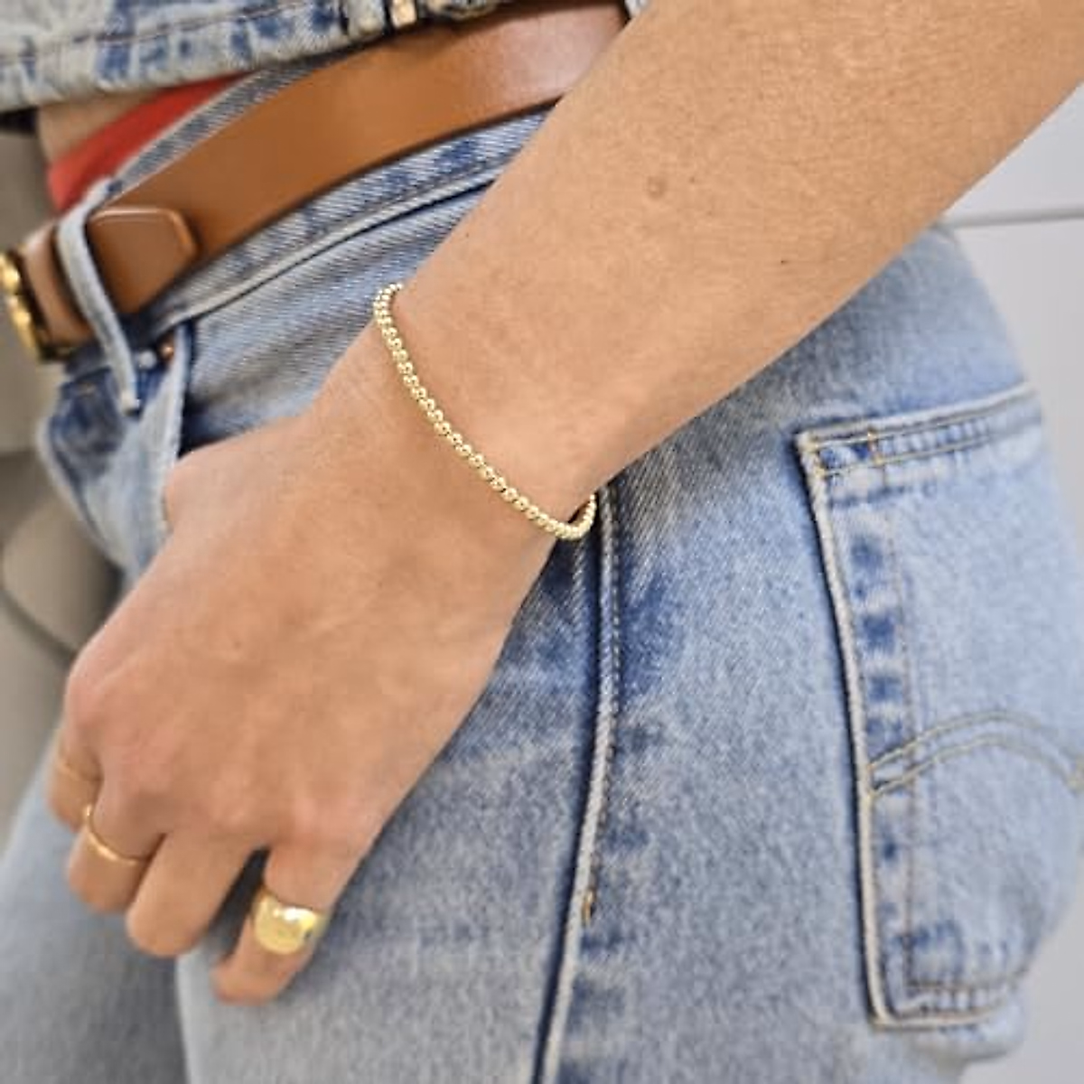 Anela 14kt Gold Filled Bracelet, 3mm Gold Filled Beads, Stretch and Stackable, Waterproof to Swim or Shower, Dainty Woman Bracelet for Everyday Use, Stretch and Stackable, Hand Made in USA