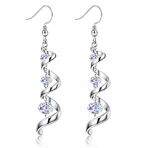 PATISORNA 925 Sterling Silver Austria Crystal Eardrop Dangle Earrings for Women Spiral Ribbon Multi Teardrop Drop Dangly Earrings Sparkly Long Dangle Earrings Jewelry Gifts for Her Silver