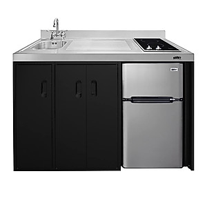 Summit Appliance CK54SINKL 54 Wide All-In-One Kitchenette, Stainless Steel Sink and Faucet, 2-door Refrigerator-freezer, 2-burner Smooth-top Cooktop, Storage Compartments, 115V Operation, Black