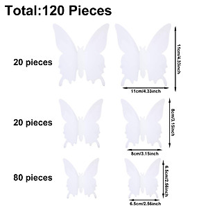 120 Pieces 3D Butterfly Wall Stickers 3 Sizes Removable Butterfly Mural Decals for Baby Kids Room Wedding Home Fridge DIY Art Decor (White)
