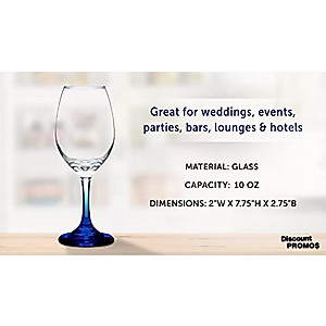 DISCOUNT PROMOS Rioja Wine Glasses with Stem 10 oz. Set of 10, Bulk Pack - Color Bottom, Perfect for Wedding, Party Favors, Birthday, Bridal Shower Gifts - Blue