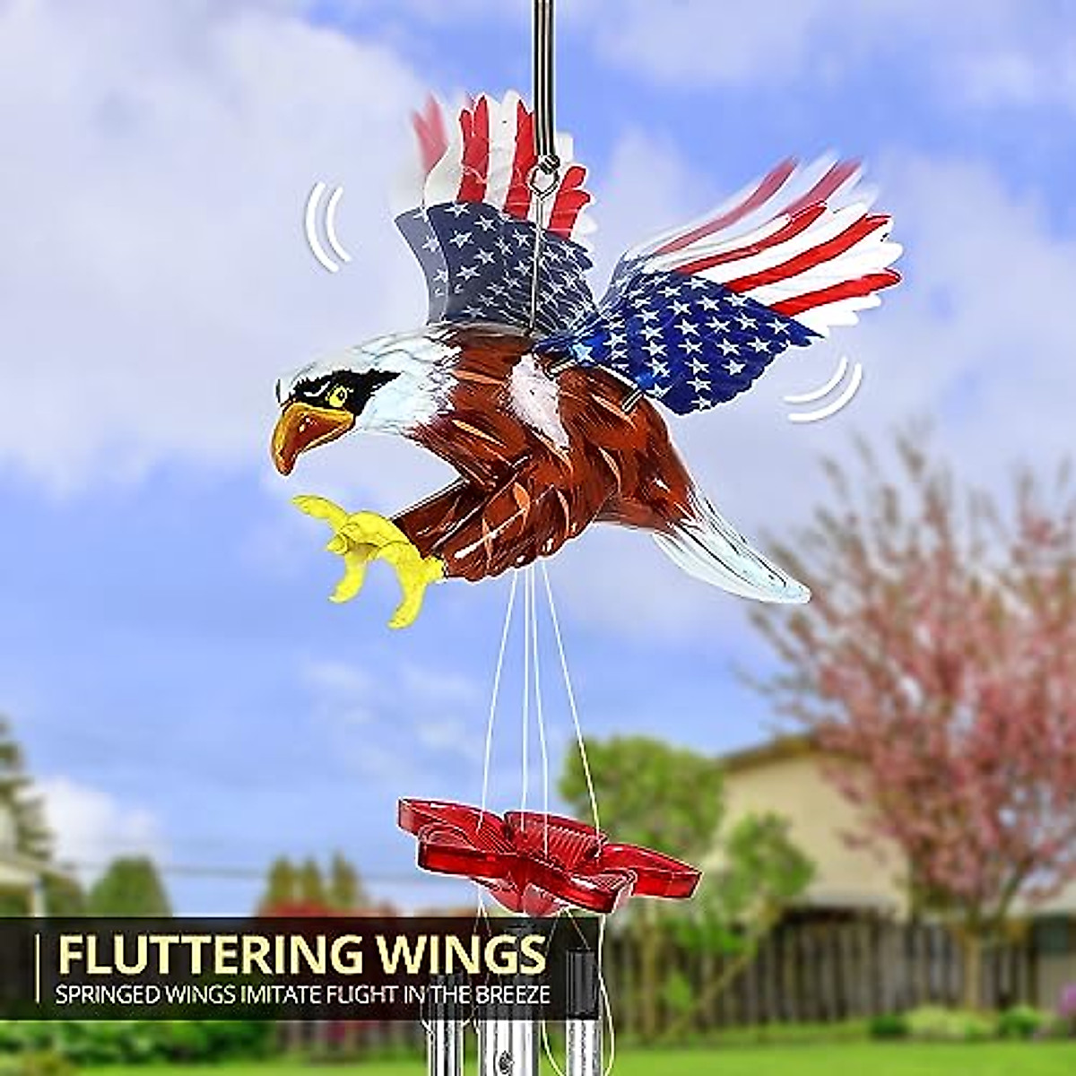 Exhart Wind Chimes, WindyWings Patriotic Eagle Wind Chime with Fluttering American Flag Wings, Outdoor Plastic and Metal Lawn and Yard Decoration, 9 x 6 x 18 Inch