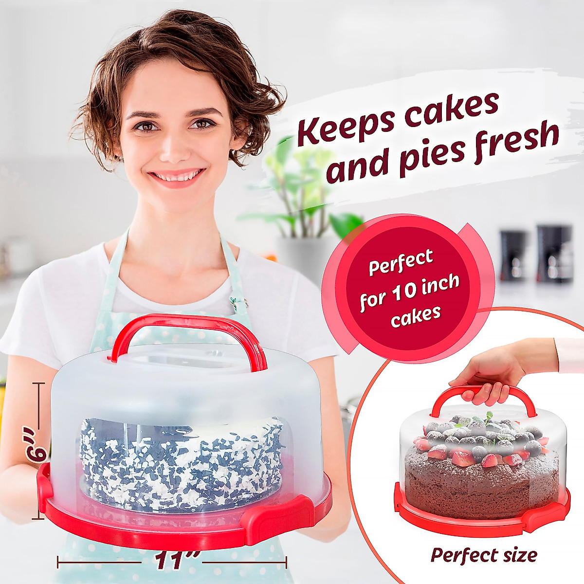 Flixeno Large Sturdy Red Round Cake Carrier Holder Up to 10 inch Multi Purpose Cover Five Section Serving Tray Keeper for Easily Hold & Transport Cakes Pies & Cupcakes with Collapsible Handles + 3 Extra Clips