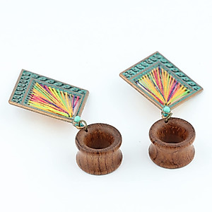 Balala 9/16 inch 14mm Verdigris Antique Brass Rhombus Dangle Wood Ear Gauges Piercing Flesh Tunnels Plugs Statement Earrings
