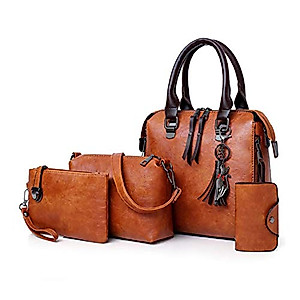 GJGJTER Synthetic PU Leather Tote for Women Satchel Crossbody Hobo 4pcs Handbags Shoulder Bags Tassel Fox Ornament-Brown