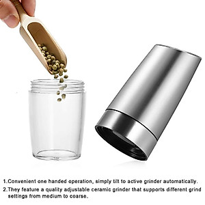 Gravity Electric Pepper Grinder, Salt and Pepper Mill & Adjustable Coarseness, Battery Powered with LED Light, One Hand Automatic Operation, Stainless Steel (Single/Silver)