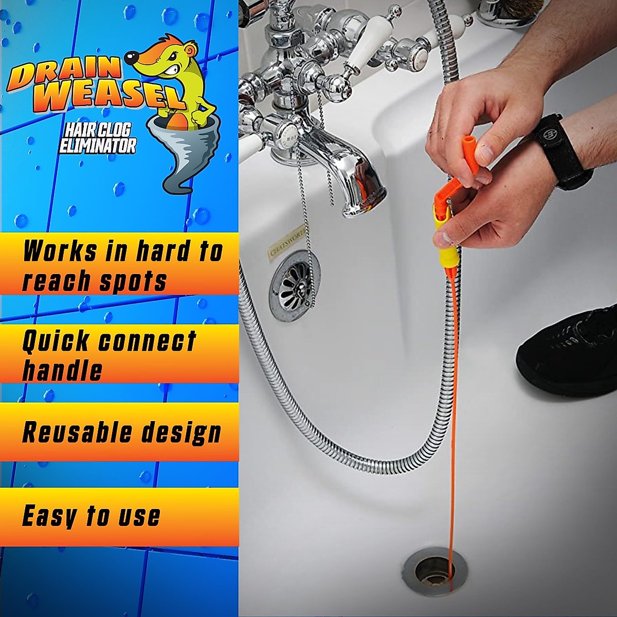 FlexiSnake Drain Weasel Sink Snake Cleaner - 18 inch - Drain Hair Clog Remover Tool with Rotating Handle & 5 Wand Refills - Thin, Flexible, Easy to Use on Most Drains & Grates - Made in USA - (5-Pack)