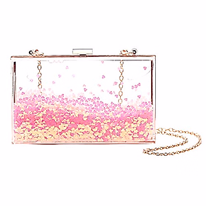 JeVenis Womens Transparent Sequins Chain Clutch Evening Handbag Party Cross-body Purse (Love Pink)