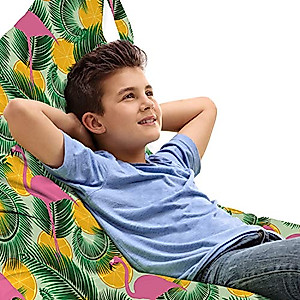 Ambesonne Hawaiian Lounger Chair Bag, Summer Theme Depiction of Flamingos Palm Leaves and Orange Slices, High Capacity Storage with Handle Container, Lounger Size, Pale Green and Multicolor
